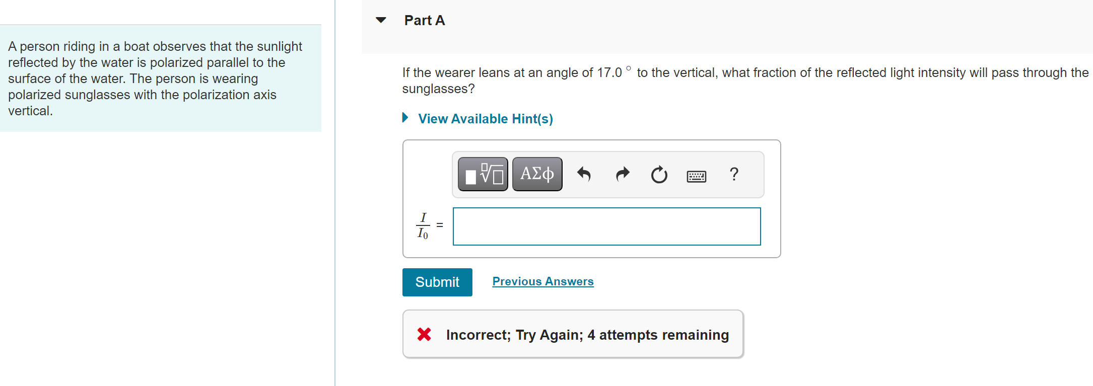 Solved A person riding in a boat observes that the sunlight | Chegg.com