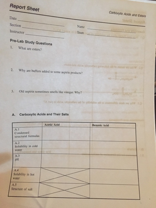 Solved Report Sheet Carboxylic Acids and Esters Date Section | Chegg.com