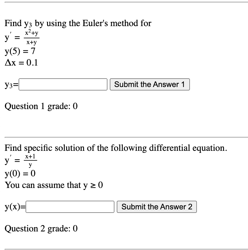 Solved y' = Find y3 by using the Euler's method for x2+y x+y | Chegg.com