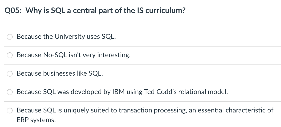 Solved Q05: Why is SQL a central part of the IS curriculum? | Chegg.com