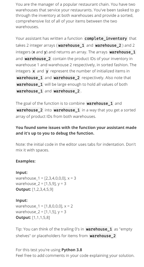 Solved Python code: def complete_inventory( warehouse_1, x, | Chegg.com