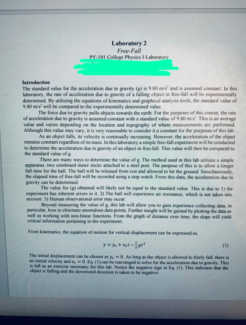 Laboratory 2 Free-Fall PY-101 College Physics I | Chegg.com