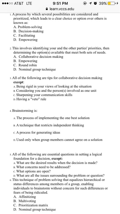 Solved AT&T LTE @イ 39% D + 9:51 PM learn.vccs.edu . A | Chegg.com