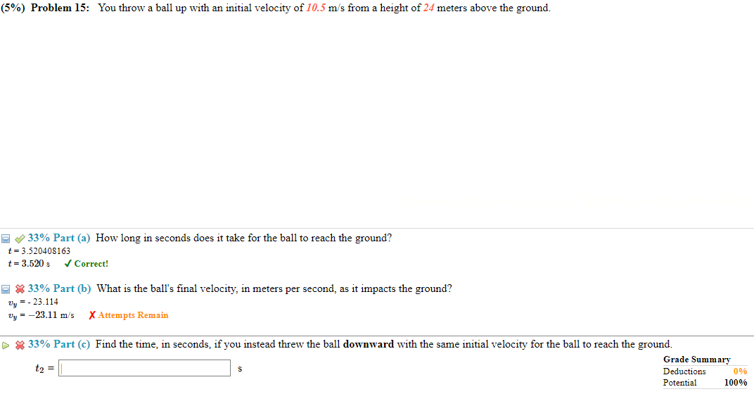 Solved vy=−23.11 m/sX Attempts Remain 33% Part (c) Find the | Chegg.com