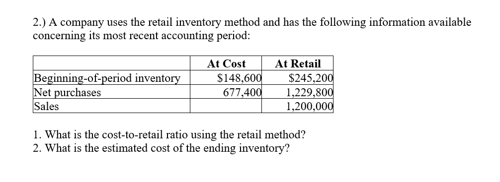 Solved 2.) A company uses the retail inventory method and | Chegg.com