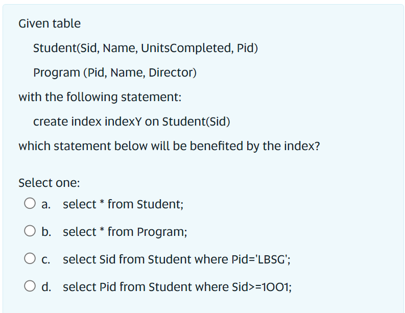 Solved Given table Student(Sid, Name, UnitsCompleted, Pid) | Chegg.com