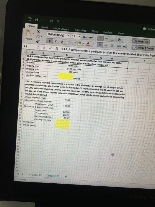 Solved Proble Home Insert Page Layout Formulas Data Review | Chegg.com