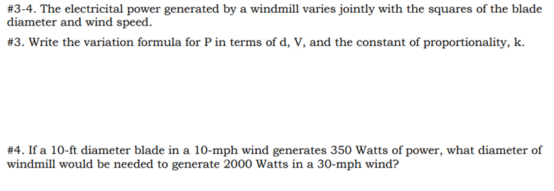Solved \#3-4. The electricital power generated by a windmill | Chegg.com