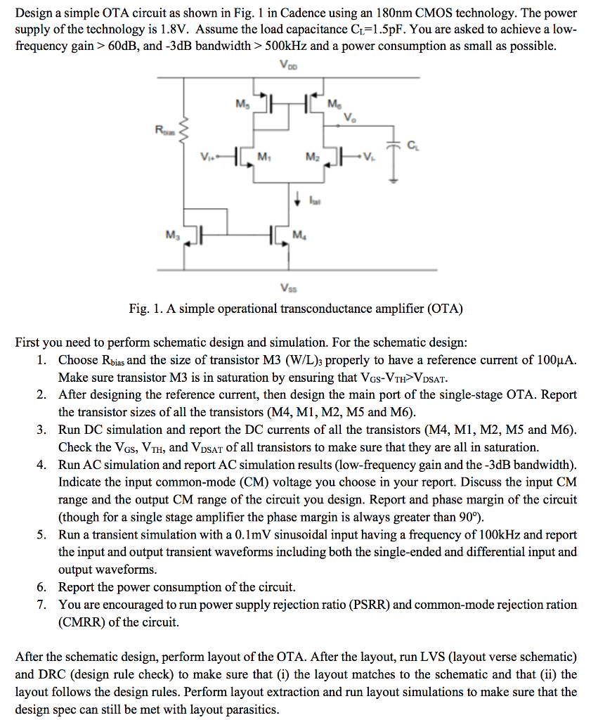 Design a simple OTA circuit as shown in Fig. 1 in | Chegg.com