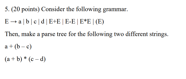 Solved 5. (20 points) Consider the following grammar. | Chegg.com