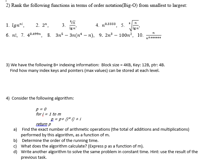 Solved 2) Rank the following functions in terms of order | Chegg.com