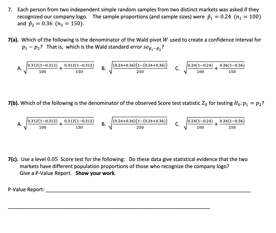 Solved 7. Each person from two independent simple random | Chegg.com