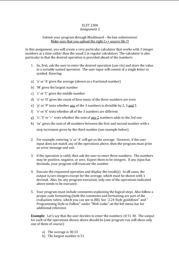 ELET 2300 Assignment 2 Submit your program through | Chegg.com