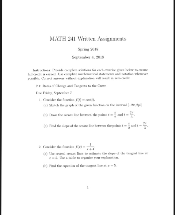 Solved MATH 241 Written Assignments Spring 2018 September 4, | Chegg.com