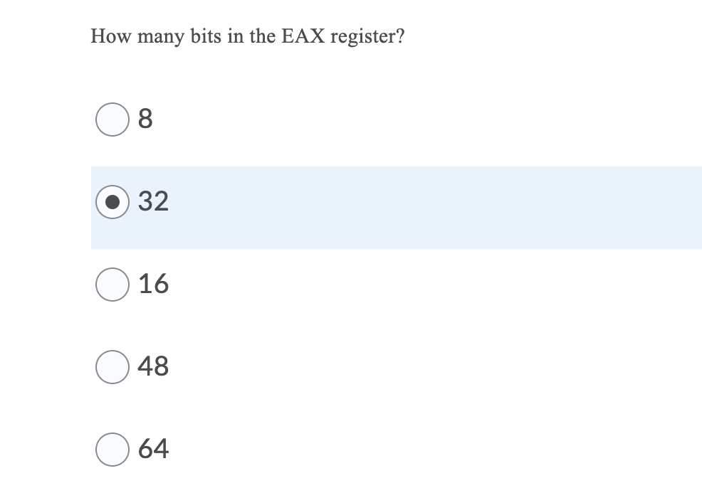 Solved How many bits in the EBX register? 8 32 48 64 16 | Chegg.com