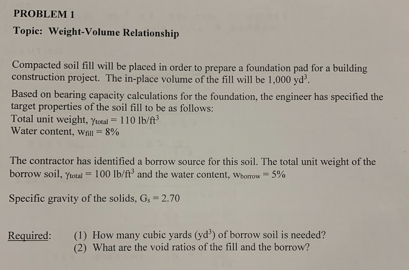 Solved PROBLEM 1 Topic: Weight-Volume Relationship Compacted | Chegg.com