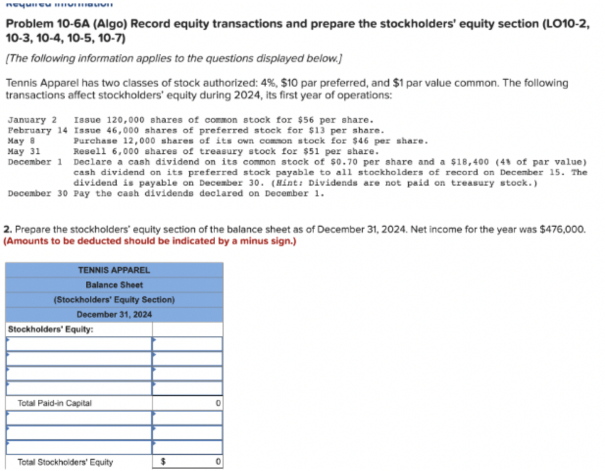 Solved Problem 10-6A (Algo) Record equity transactions and | Chegg.com