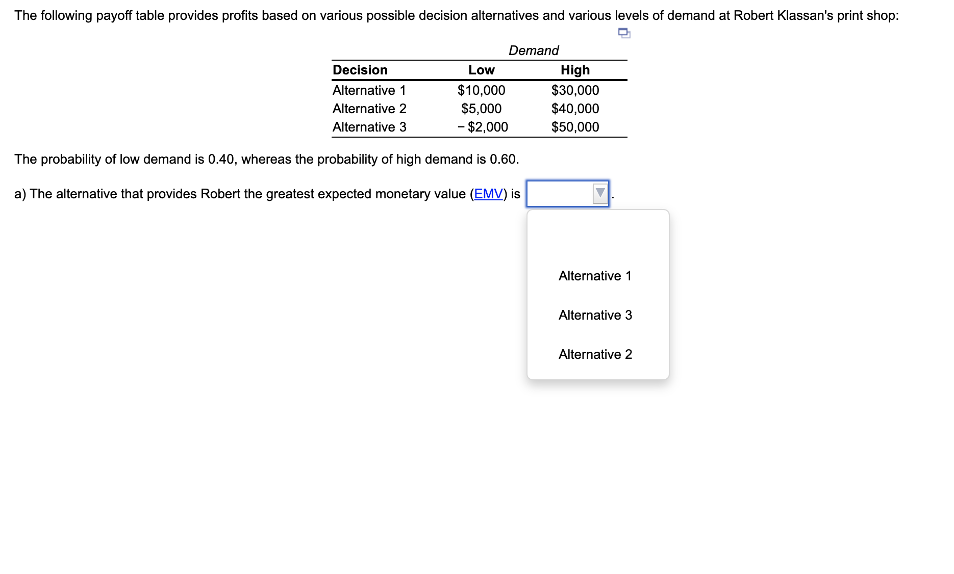 Solved The following payoff table provides profits based on | Chegg.com