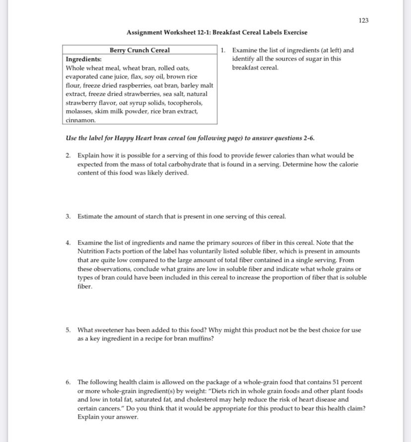 Solved 123 Assignment Worksheet 12-1: Breakfast Cereal | Chegg.com
