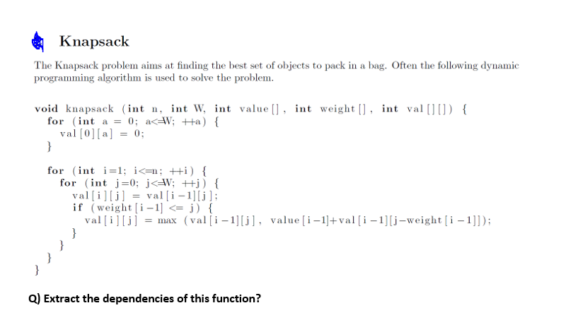 Solved Knapsack The Knapsack problem aims at finding the | Chegg.com