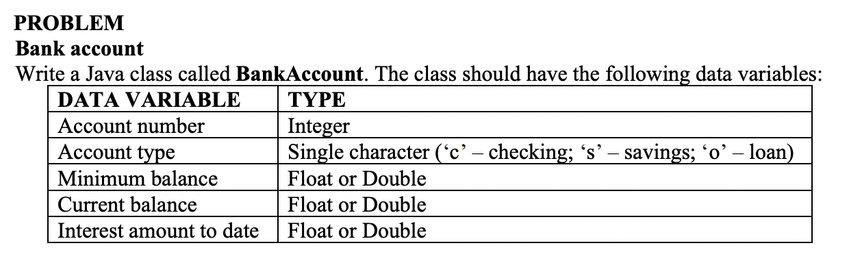 Solved PROBLEM Bank account Write a Java class called | Chegg.com