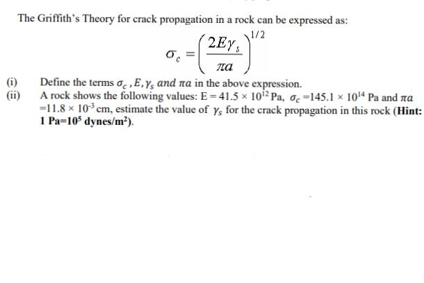 Solved The Griffith's Theory for crack propagation in a rock | Chegg.com