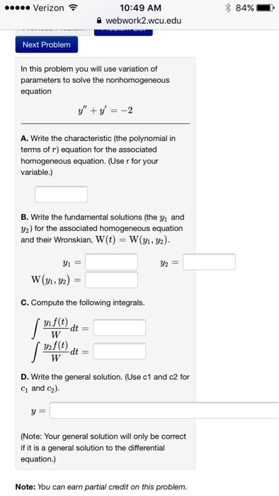 Solved Verizon令 10:49 AM webwork2.wcu.edu 84%-. Next Problem | Chegg.com
