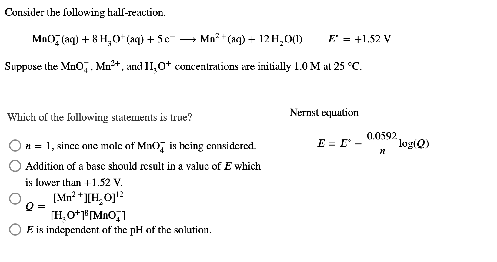 Solved Consider the following half-reaction. MnO2 (aq) + 8 | Chegg.com