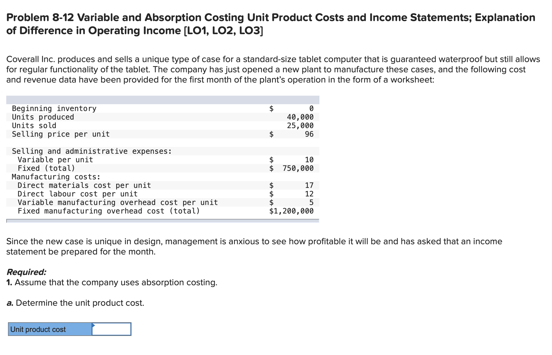 Solved Problem 8-12 Variable and Absorption Costing Unit | Chegg.com