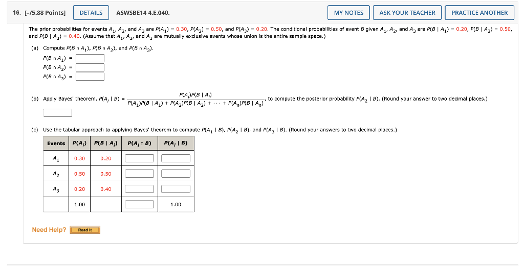 Solved and P(B∣A3)=0.40. (Assume that A1,A2, and A3 are | Chegg.com