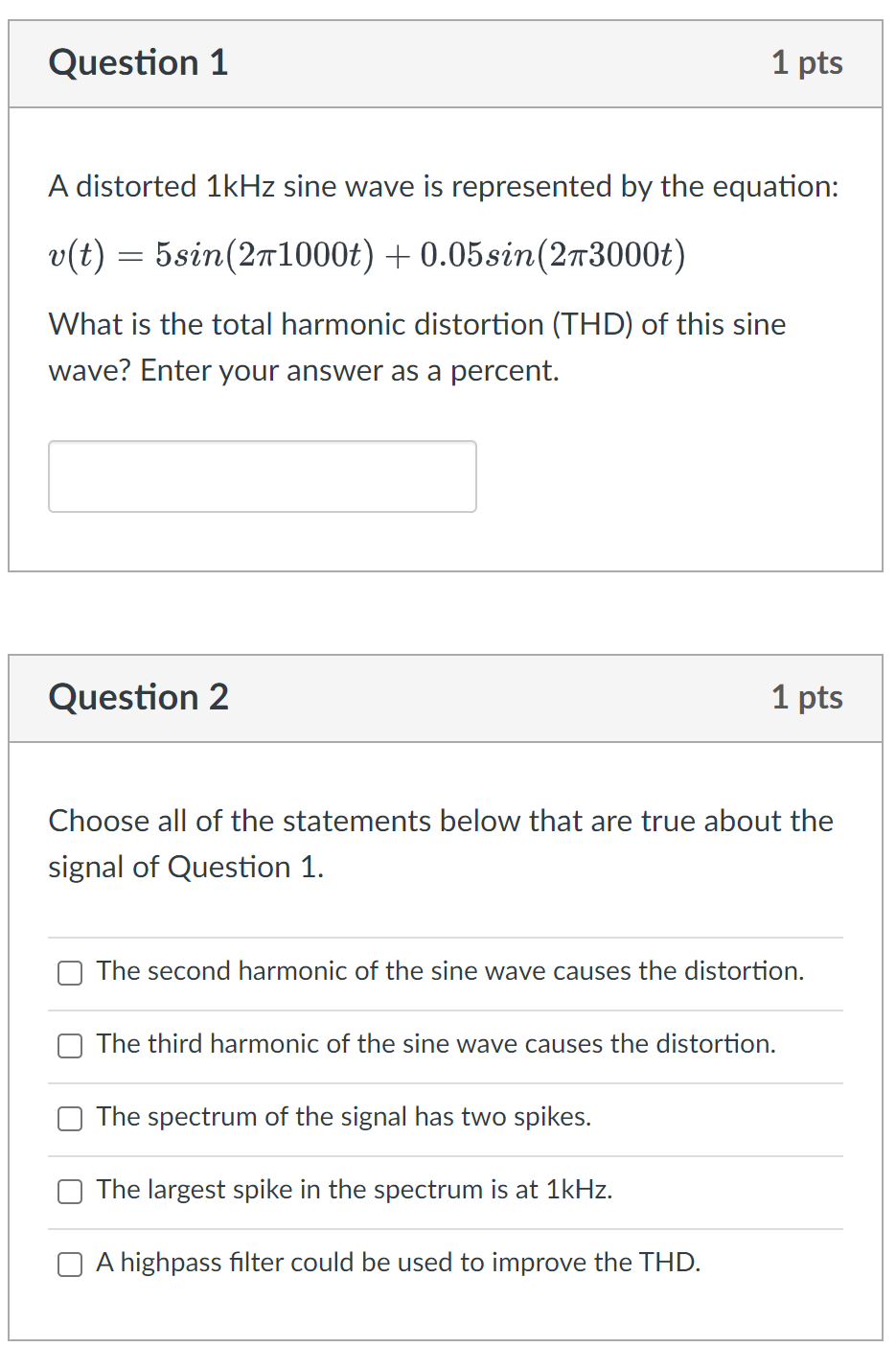 Solved A distorted 1kHz sine wave is represented by the | Chegg.com