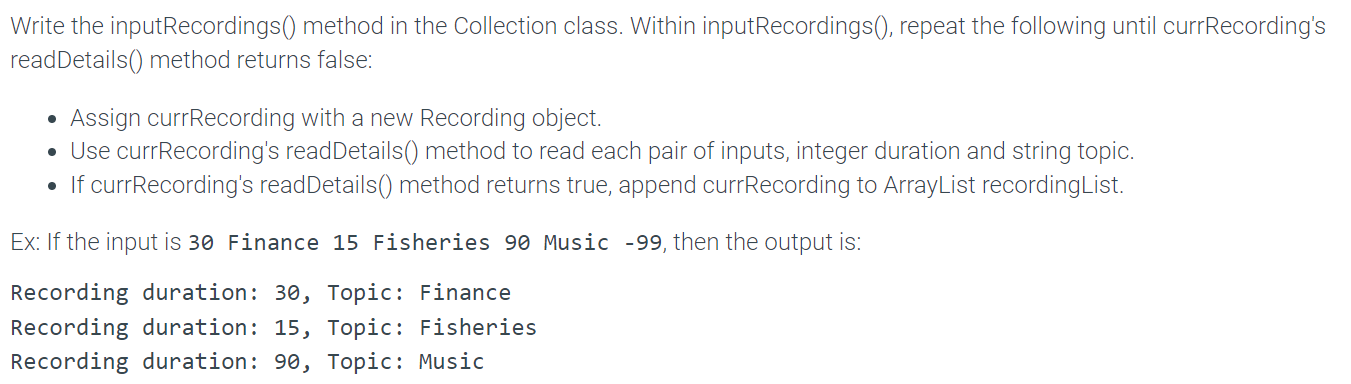 Solved Write the inputRecordings() ﻿method in the Collection | Chegg.com