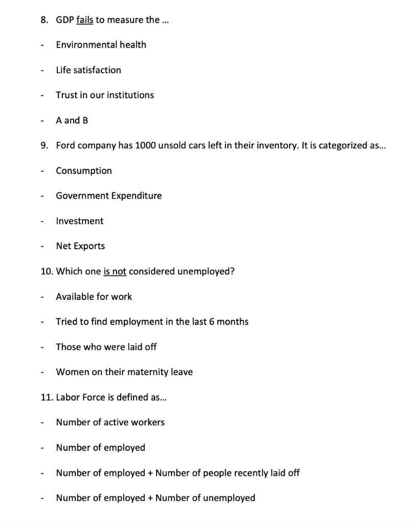Solved 8. GDP fails to measure the ... Environmental health | Chegg.com