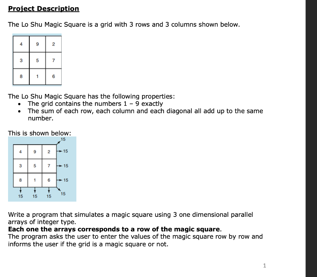 Solved Project Description The Lo Shu Magic Square is a grid | Chegg.com