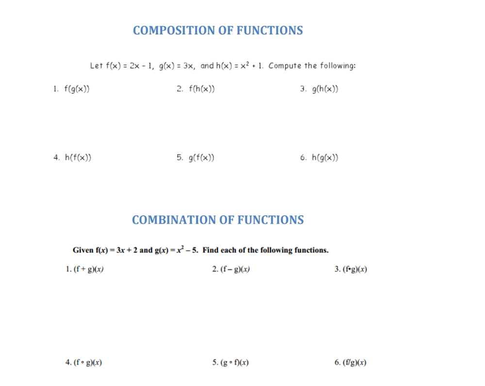 Solved COMPOSITION OF FUNCTIONS Let f(x) 2x-1, gx)-3x, and | Chegg.com