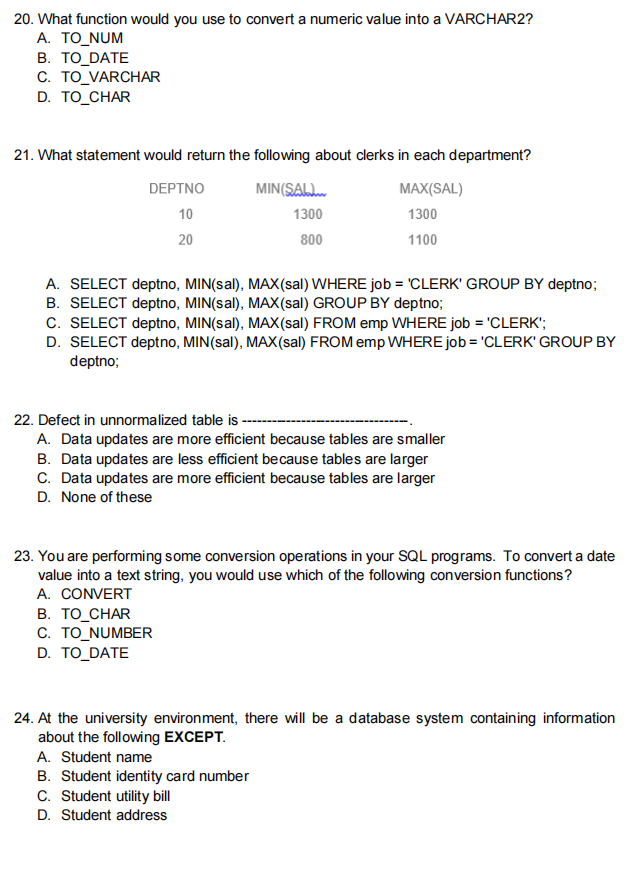 Solved 20. What function would you use to convert a numeric | Chegg.com