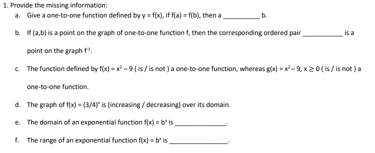Solved 1. Provide the missing information: a. Give a | Chegg.com