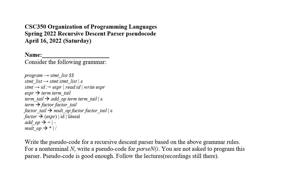 Solved CSC350 Organization of Programming Languages Spring | Chegg.com