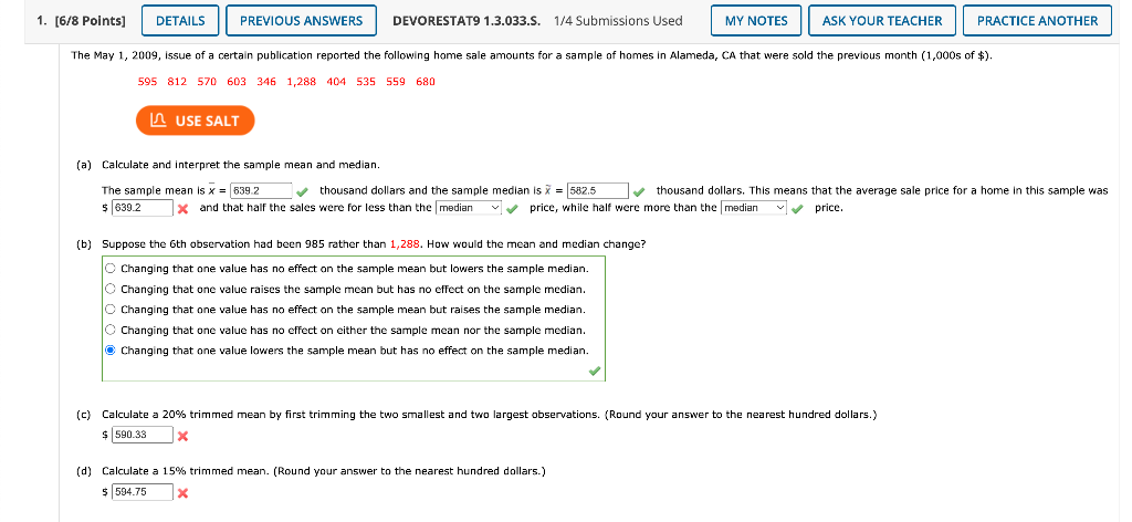 Solved 1 [6 8 Points] Previous Answers Devorestat9