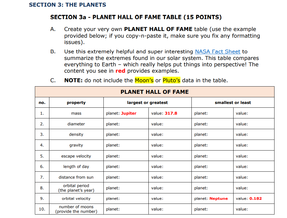 Solved SECTION 3: THE PLANETS SECTION 3a - PLANET HALL OF | Chegg.com