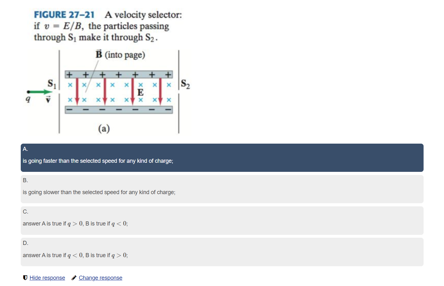 Solved FIGURE 27-21 A velocity selector: if v = E/B, the | Chegg.com