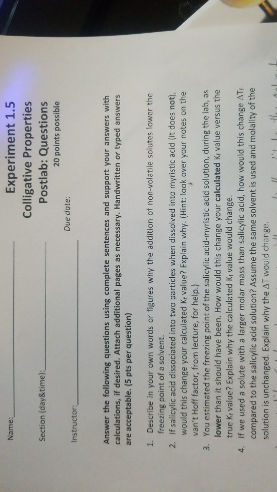 Solved Experiment 1.5 Colligative Properties Postlab: | Chegg.com