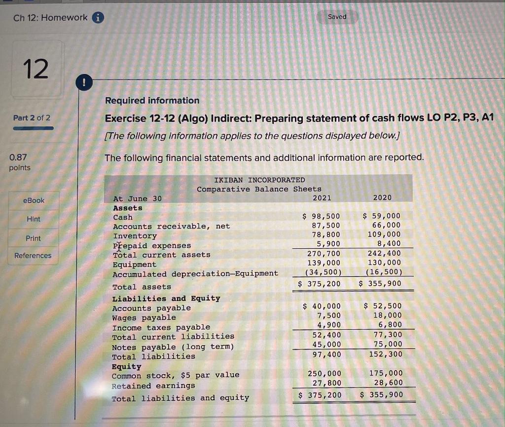 Solved Ch 12: Homework G Saved 12 ! Part 2 of 2 Required | Chegg.com