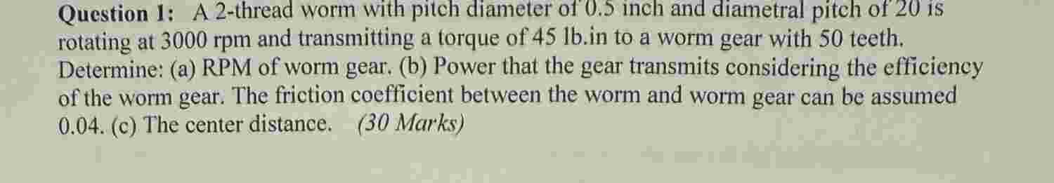 Solved Question 1: A 2-thread worm with pitch diameter of | Chegg.com
