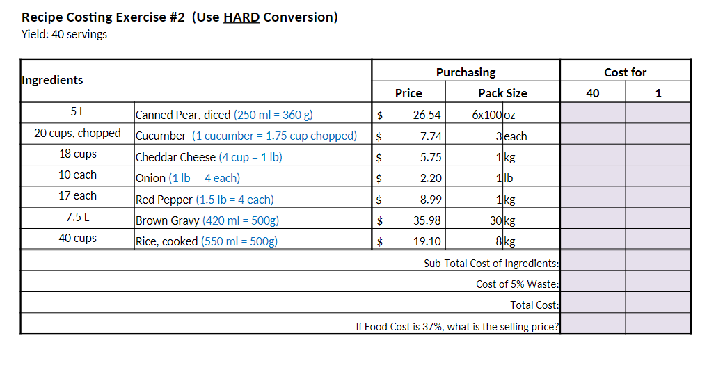 Solved Recipe Costing Exercise \#2 (Use HARD Conversion) | Chegg.com