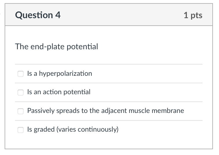 Solved Question 4 1 pts The end-plate potential Is a | Chegg.com