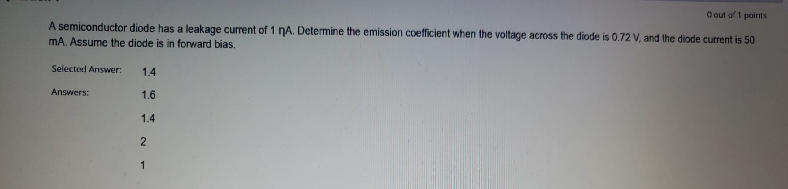 Solved O out of 1 points A semiconductor diode has a leakage | Chegg.com