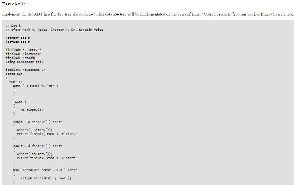 Solved Exercise 1: Implement the Set ADT in a file Set.h as | Chegg.com