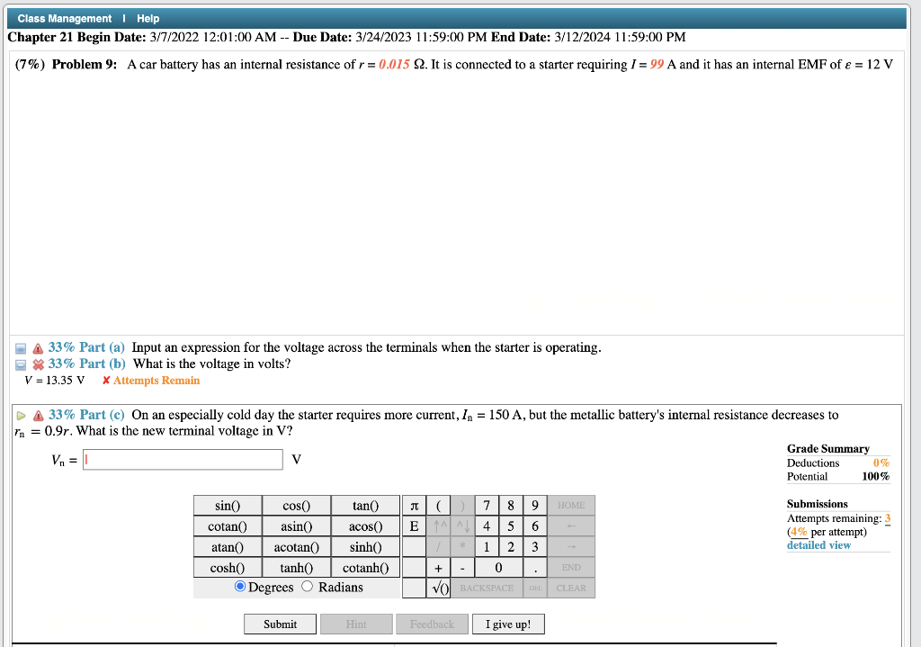Solved (7\%) Problem 9: A car battery has an internal | Chegg.com