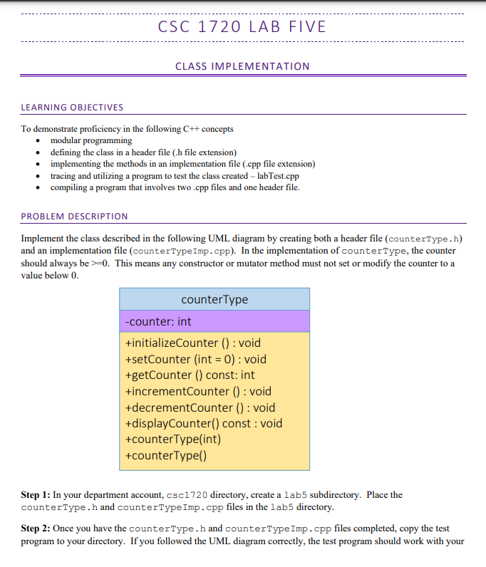 Solved C S C 1 7 2 0 L A B F I V E-CLASS IMPLEMENTATION Use | Chegg.com